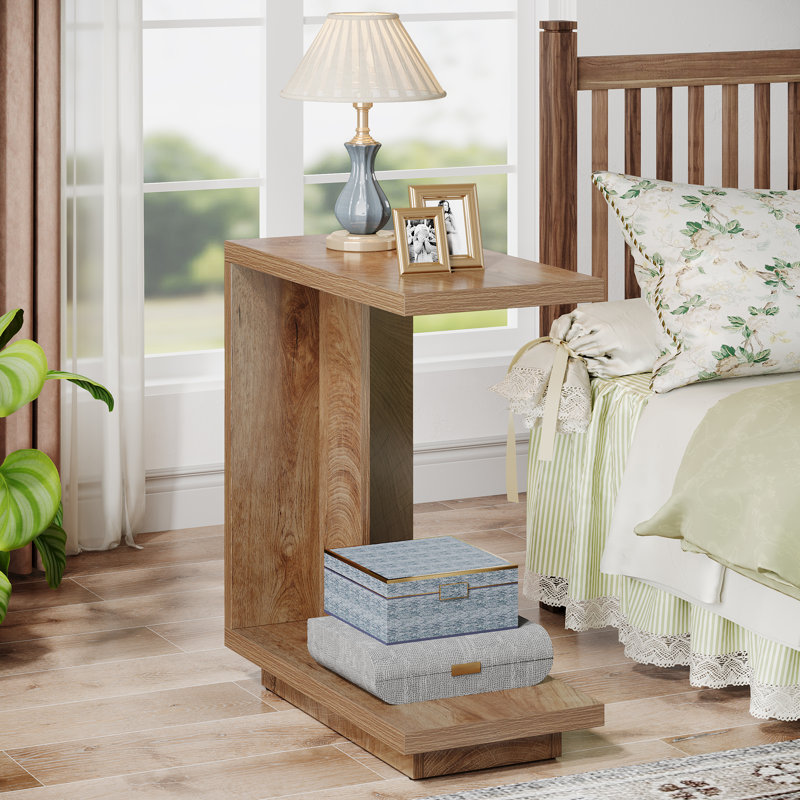 C Shaped Side Table 2 Tier Narrow End Table Wood Bedside Table Nightstand